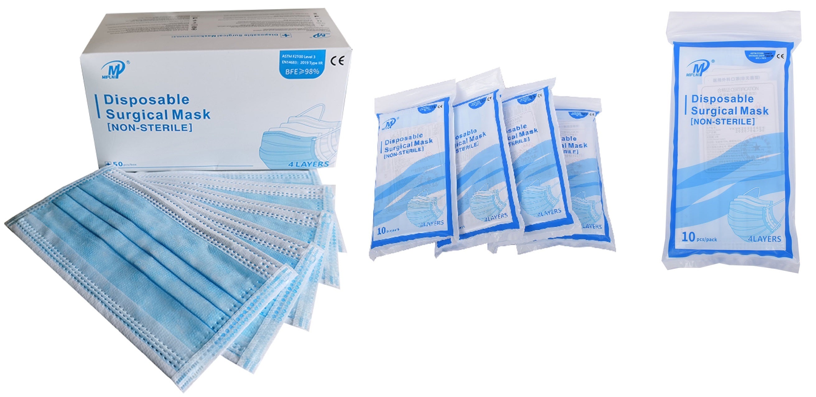 MIPLNI 50 PCS 4 Ply Disposable Medical Surgical Mask 4 layer BFE≥ 98%