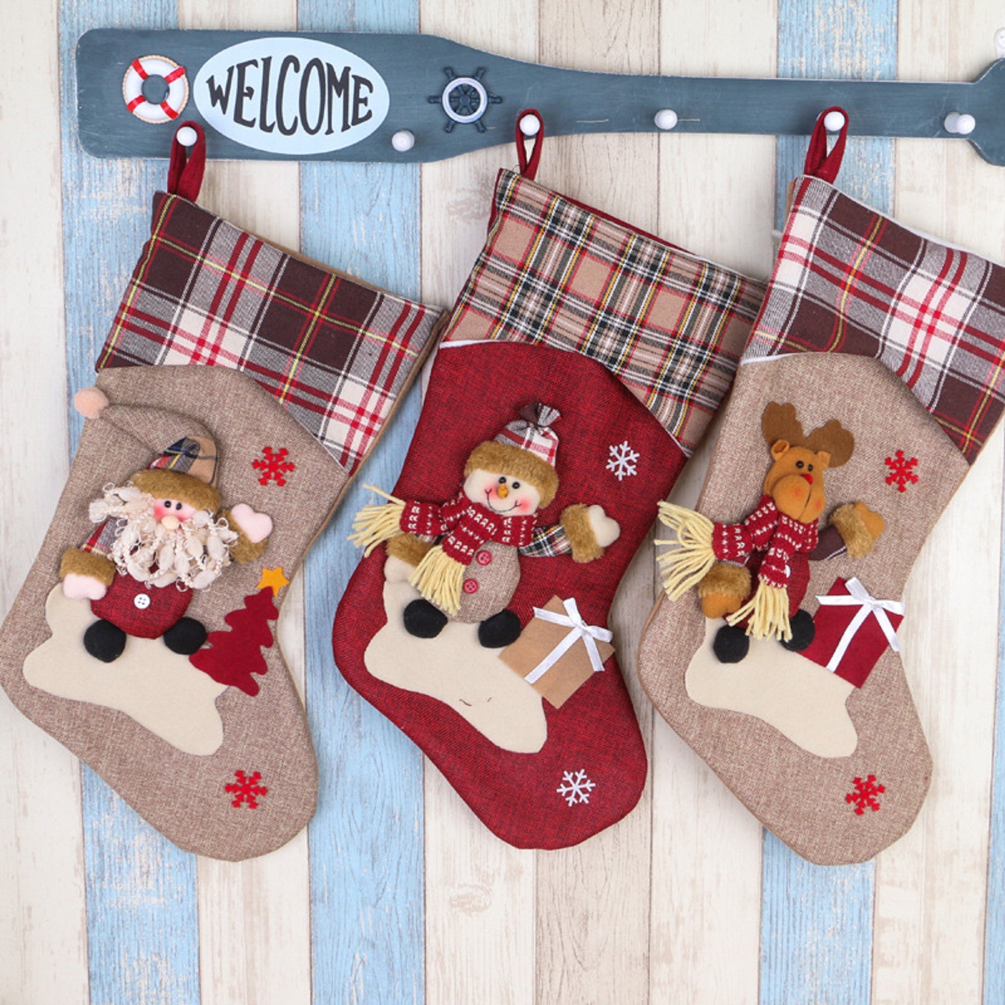 Set of 3 Christmas Stockings Big Size 3 Pcs 18" Classic Santa Snowman